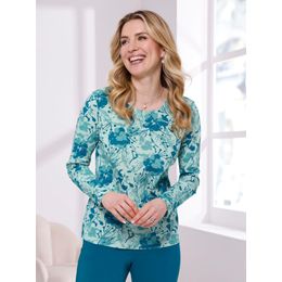 Langarmshirt Classic Basics "Rundhals-Shirt", Damen, Gr. 44, mint, aquapetrol, bedruckt, 100% Baumwolle, gebl&uuml;mt, gemustert, mehrfarbig, Rundhals, Shirts Langarmshirt