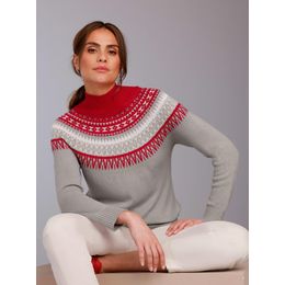 Norwegerpullover CREATION L PREMIUM "Modal-Mix-Pullover", Damen, Gr. 40, steingrau, rot, gemustert, 50% Polyamid, 25% Modal, 25% Viskose, gemustert, mehrfarbig, Pullover Norwegerpullover