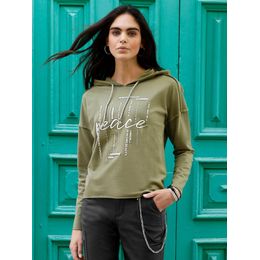 Sweatshirt Heine, Damen, Gr. 46, khaki, 100% Baumwolle, bedruckt, gemustert, mehrfarbig, unifarben, V-Ausschnitt, Sweatshirts Sweatshirt