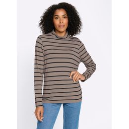 Rollkragenshirt Classic Basics "Stehkragen-Shirt", Damen, Gr. 46, sesam, schwarz, geringelt, 95% Viskose, 5% Elasthan, gemustert, gestreift, Shirts