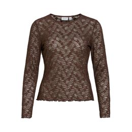 Spitzenshirt Vila "VIFAY O-NECK L/S TOP - NOOS", Damen, Gr. L, coffee bean, Jersey, Obermaterial: 95% Polyester, 5% Elasthan, unifarben, eng normal, Rundhals, Shirts, Materialmix, enger Schnitt
