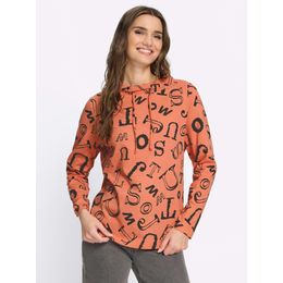 Stehkragenshirt Classic Basics "Langarm-Shirt", Damen, Gr. 42, papaya, schwarz, bedruckt, 100% Baumwolle, bedruckt, gemustert, Shirts Stehkragenshirt