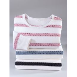Rundhalspullover Classic Basics "Rundhals-Pullover", Damen, Gr. 38, ros&eacute;, ecru, gemustert, 100% Baumwolle, gemustert, gestreift, Pullover Rundhalspullover
