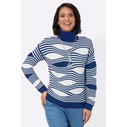 Rollkragenpullover Casual Looks "Rollkragenpullover", Damen, Gr. 42, royalblau, ecru, gemustert, 54% Polyacryl, 46% Baumwolle, gemustert, mehrfarbig, Pullover Rollkragenpullover