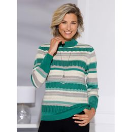 Strickpullover Classic Basics "Stehkragen-Pullover", Damen, Gr. 38, smaragd, ecru, gemustert, 100% Polyacryl, gemustert, gestreift, Pullover Strickpullover