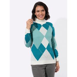 Rollkragenpullover Casual Looks "Rollkragen-Pullover", Damen, Gr. 42, blau (aquapetrol, ecru), 50% Baumwolle, 50% Polyacryl, gemustert, kariert, mehrfarbig, Pullover Rollkragenpullover