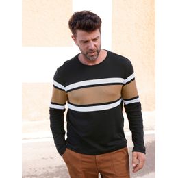 Langarmshirt Marco Donati "Langarm-Shirt", Herren, Gr. 48/50, schwarz, camel, 100% Baumwolle, gemustert, gestreift, Rundhals, Shirts Langarmshirt