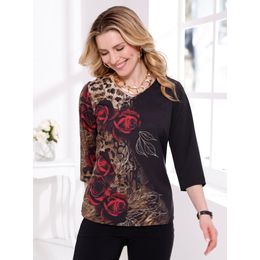 Druckbluse Classic Basics, Damen, Gr. 42, schwarz, rot, bedruckt, 100% Polyester, gebl&uuml;mt, gemustert, mehrfarbig, V-Ausschnitt, Blusen Druckbluse