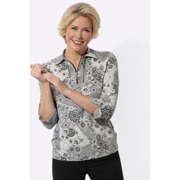 Poloshirt CLASSIC "Poloshirt", Damen, Gr. 42, grau (ecru, sesam, bedruckt), 95% Viskose, 5% Elasthan, gebl&uuml;mt, gemustert, mehrfarbig, Shirts
