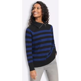 Strickpullover Heine "Ringel-Pullover", Damen, Gr. 34, blau (schwarz, royalblau, geringelt), 50% Baumwolle, 50% Polyacryl, gemustert, gestreift, Pullover Strickpullover