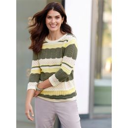 Strickpullover Classic Basics "3/4-Arm-Pullover", Damen, Gr. 46, khaki, zitrone, gemustert, 100% Polyacryl, gemustert, mehrfarbig, Pullover Strickpullover