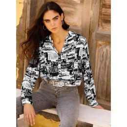 Langarmbluse Heine, Damen, Gr. 34, schwarz, wei&szlig;, bedruckt, 100% Viskose, bedruckt, gemustert, mehrfarbig, Rundhals, Blusen