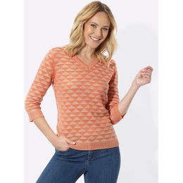 V-Ausschnitt-Pullover Classic Basics "V-Pullover", Damen, Gr. 38, orange (papaya, ecru, gemustert), 100% Polyacryl, gemustert, mehrfarbig, Pullover