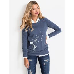 Sweatshirt Inspirationen, Damen, Gr. 50, blau (aquapetrol, silberfarben, bedruckt), 50% Baumwolle, 50% Polyester, gebl&uuml;mt, gemustert, unifarben, Rundhals, Sweatshirts Sweatshirt