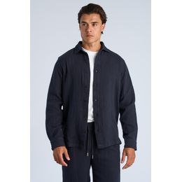 Langarmhemd LINDBERGH, Herren, Gr. L, N-Gr, navy, Web, Obermaterial: 100% Baumwolle, unifarben, regular fit h&uuml;ftbedeckend, Rundhals, 1-Knopf-Manschette, Hemden, in Leinen-Optik