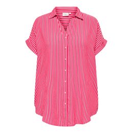 Longbluse Only CARMAKOMA "CARPENNA SS LOOSE SHIRT WVN", Damen, Gr. 42, raspberry stripes:cloud dancer, Web, Obermaterial: 100% Viskose, gestreift, loose fit Po-bedeckend, mit Aufschlag, Blusen Longbluse