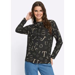 Stehkragenshirt Classic Basics "Langarm-Shirt", Damen, Gr. 38, schwarz, schlamm, bedruckt, 100% Baumwolle, bedruckt, gemustert, Shirts Stehkragenshirt
