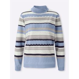 Strickpullover Classic Basics "Stehkragen-Pullover", Damen, Gr. 38, bleu, ecru, gemustert, 100% Polyacryl, gemustert, gestreift, Pullover Strickpullover