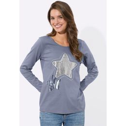 Langarmshirt Inspirationen "Rundhals-Shirt", Damen, Gr. 52, taubenblau, 100% Baumwolle, gemustert, mehrfarbig, Rundhals, Shirts Langarmshirt