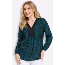 Schlupfbluse Classic Basics, Damen, Gr. 42, aquapetrol, schwarz, bedruckt, 100% Polyester, bedruckt, gemustert, V-Ausschnitt, Blusen Schlupfbluse