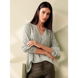 Druckbluse Heine, Damen, Gr. 34, khaki, elfenbein, bedruckt, 100% Polyester, bedruckt, gemustert, Rundhals, Blusen Druckbluse