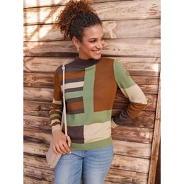 Jacquardpullover Casual Looks "Jacquard-Pullover", Damen, Gr. 42, schoko, sand, geringelt, 100% Polyacryl, gemustert, gestreift, mehrfarbig, Pullover