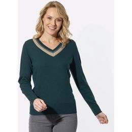 V-Ausschnitt-Pullover Classic Basics "Langarm-Pullover", Damen, Gr. 38, petrol, jade, 100% Polyacryl, gemustert, gestreift, mehrfarbig, Pullover