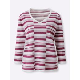 V-Ausschnitt-Pullover Classic Basics "3/4-Arm-Pullover", Damen, Gr. 42, malve, mauve, gemustert, 100% Polyacryl, gemustert, gestreift, mehrfarbig, Pullover