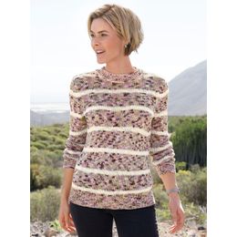 Rundhalspullover Casual Looks "Rundhals-Pullover", Damen, Gr. 42, mauve, ecru, geringelt, 90% Polyacryl, 10% Baumwolle, gemustert, mehrfarbig, Pullover Rundhalspullover