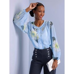 CR&Eacute;ATION L Langarmbluse CREATION L, Damen, Gr. 48, eisblau, ecru, bedruckt, 100% Polyester, gebl&uuml;mt, gemustert, mehrfarbig, Rundhals, Blusen