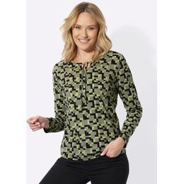 Langarmshirt Classic Basics "Langarm-Shirt", Damen, Gr. 42, gr&uuml;n (khaki, schwarz, bedruckt), 100% Baumwolle, gemustert, mehrfarbig, Rundhals, Shirts Langarmshirt