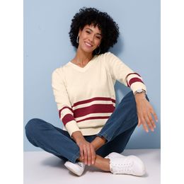 V-Ausschnitt-Pullover Classic Basics "Langarm-Pullover", Damen, Gr. 46, champagner, kirsche, 100% Baumwolle, gemustert, gestreift, mehrfarbig, Pullover