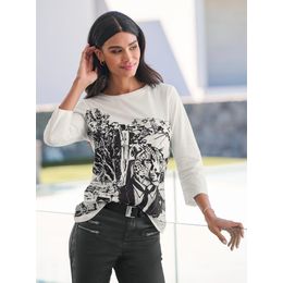 3/4-Arm-Shirt Heine "Druck-Shirt", Damen, Gr. 34, ecru, schwarz, bedruckt, 100% Baumwolle, bedruckt, gebl&uuml;mt, gemustert, mehrfarbig, Rundhals, Shirts 3/4-Arm-Shirt