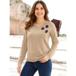 V-Ausschnitt-Pullover Classic Basics "Strickpullover", Damen, Gr. 56, sand, traube, 100% Polyacryl, gebl&uuml;mt, gemustert, mehrfarbig, Pullover