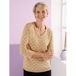 V-Ausschnitt-Pullover Classic Basics "V-Pullover", Damen, Gr. 38, beige (camel, ecru, gemustert), 100% Polyacryl, gemustert, mehrfarbig, Pullover