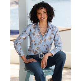 Langarmbluse Heine, Damen, Gr. 34, bleu, ecru, gestreift, 50% Baumwolle, 50% Polyester, bedruckt, gebl&uuml;mt, gemustert, mehrfarbig, V-Ausschnitt, Blusen