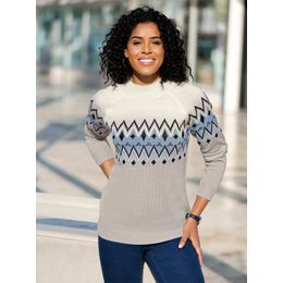 Stehkragenpullover Classic Basics "Langarm-Pullover", Damen, Gr. 52, hellgrau, eisblau, gemustert, 100% Polyacryl, gemustert, mehrfarbig, Pullover Stehkragenpullover