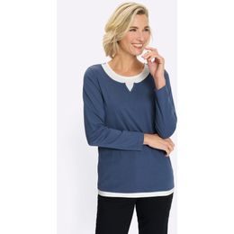 2-in-1-Langarmshirt Classic Basics "Langarm-Shirt", Damen, Gr. 50, jeansblau, 100% Baumwolle, gemustert, mehrfarbig, Rundhals, Shirts