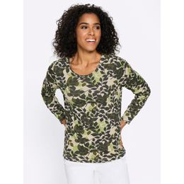 Langarmshirt Classic Basics "Langarm-Shirt", Damen, Gr. 46, oliv, lindgr&uuml;n, bedruckt, 100% Baumwolle, gemustert, mehrfarbig, Rundhals, Shirts Langarmshirt