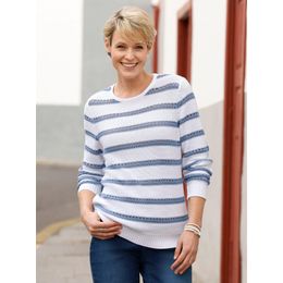Rundhalspullover Classic Basics "Rundhals-Pullover", Damen, Gr. 38, bleu, ecru, gemustert, 100% Baumwolle, gemustert, gestreift, Pullover Rundhalspullover