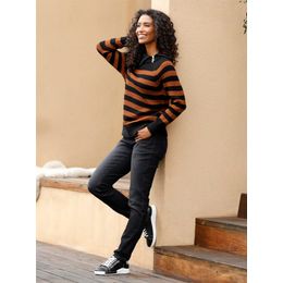 Strickpullover Heine "Ringel-Pullover", Damen, Gr. 34, orange (schwarz, cognac, geringelt), 50% Baumwolle, 50% Polyacryl, gemustert, gestreift, Pullover Strickpullover