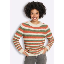Strickpullover Heine "Pullover", Damen, Gr. 34, champagner, khaki, gemustert, 70% Polyester, 21% Polyamid, 8% Wolle, 1% Elasthan, gemustert, gestreift, mehrfarbig, Pullover Strickpullover