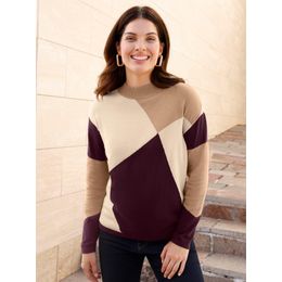 Stehkragenpullover Classic Basics "Stehkragen-Pullover", Damen, Gr. 46, sand, burgund, gemustert, 50% Baumwolle, 50% Polyacryl, gemustert, mehrfarbig, Pullover Stehkragenpullover