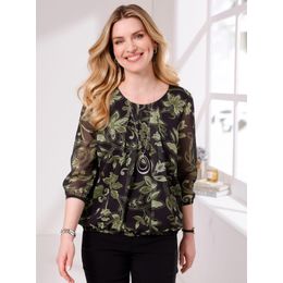 Schlupfbluse, Damen, Gr. 38, schwarz, oliv, bedruckt, 100% Polyester, Paisley, gebl&uuml;mt, gemustert, Rundhals, Blusen Schlupfbluse