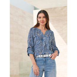 Langarmbluse Heine, Damen, Gr. 38, rauchblau, beige, bedruckt, 100% Polyester, bedruckt, gemustert, mehrfarbig, Rundhals, Blusen