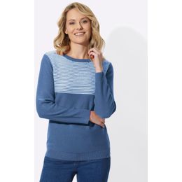 Stehkragenpullover Classic Basics "Pullover", Damen, Gr. 38, mittelblau, ecru, 100% Polyacryl, gemustert, gestreift, mehrfarbig, Pullover Stehkragenpullover