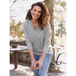 V-Ausschnitt-Pullover Casual Looks "V-Ausschnitt-Pullover", Damen, Gr. 40, grau (steingrau, ecru, meliert), 50% Baumwolle, 50% Polyacryl, meliert, unifarben, Pullover