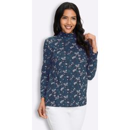 Stehkragenshirt Classic Basics "Langarm-Shirt", Damen, Gr. 42, blau (topas, ecru, bedruckt), 100% Baumwolle, bedruckt, gebl&uuml;mt, gemustert, mehrfarbig, Shirts Stehkragenshirt