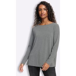 Langarmshirt Heine "Langarm-Shirt", Damen, Gr. 50, grau, meliert, 55% Viskose, 40% Polyester, 5% Elasthan, unifarben, Rundhals, Shirts Langarmshirt