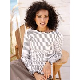 Langarmshirt Heine "Ringelshirt", Damen, Gr. 50, schwarz-wei&szlig; (ecru, dunkeltaupe, geringelt), 95% Baumwolle, 5% Elasthan, gemustert, gestreift, U-Boot-Ausschnitt, Shirts Langarmshirt